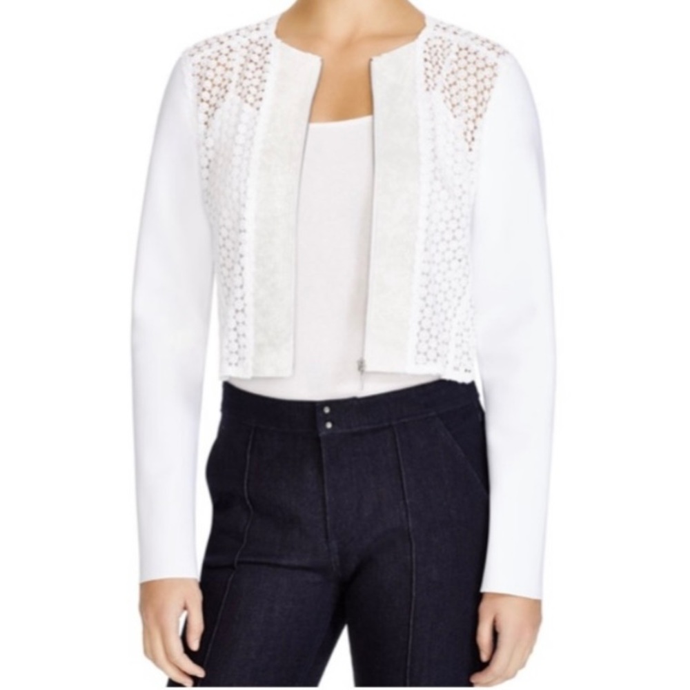Elie Tahari White Mixed Media & Lace Cropped Jacket - Gem